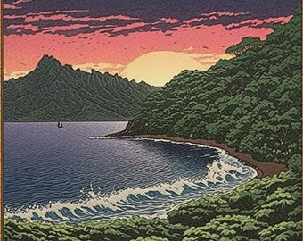 A Desert Sunset: A Woodblock Style Inspired Print, Desert Landscape ...