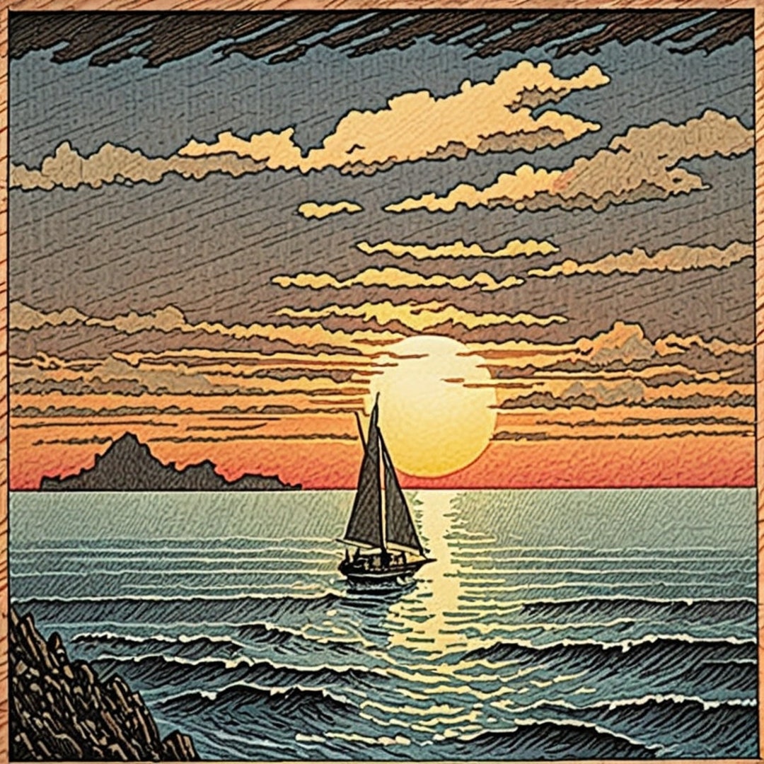 A Trip at Dawn: A Woodblock Style Inspired Print, Sail Boat Digital ...
