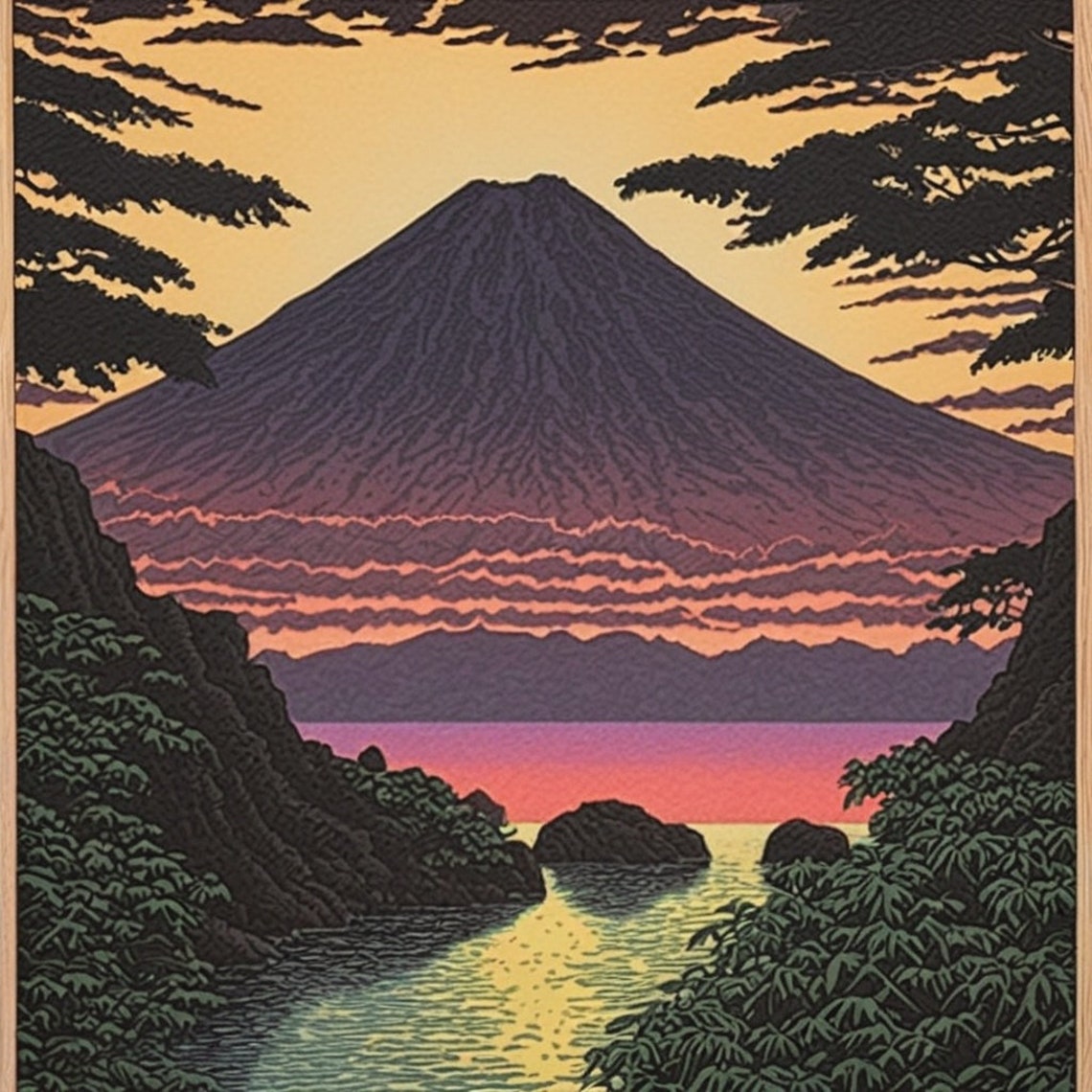 The Sunrise Volcano: A Woodblock Style Inspired Print, Volcano Art ...
