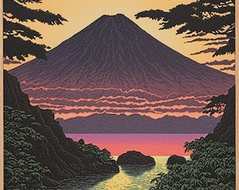 A Desert Sunset: A Woodblock Style Inspired Print, Desert Landscape ...