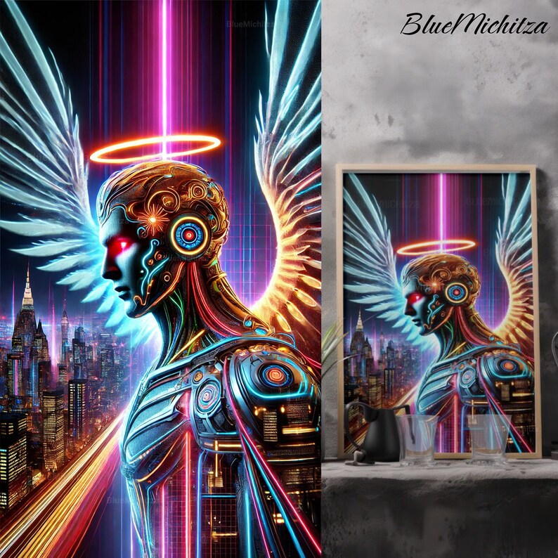 Archangel Gabriel Wall Art in Neon Splendor: A Stunning Cyberpunk ...
