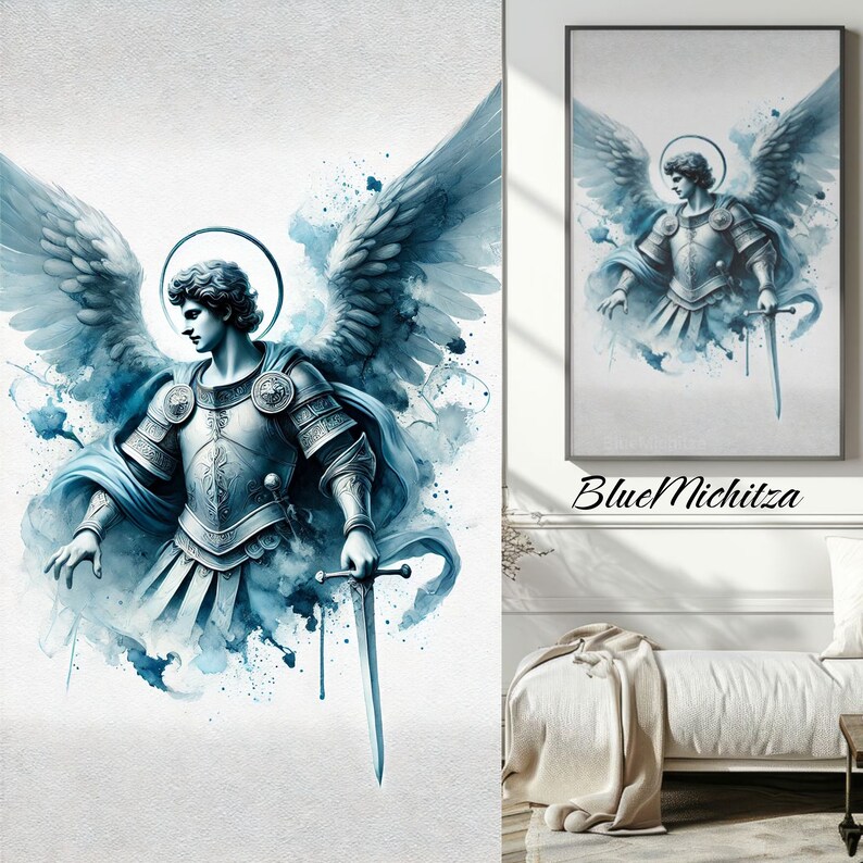 Archangel Michael Wall Art, Art Print – Heavenly Protector and Warrior Angel With Sword Wall ...