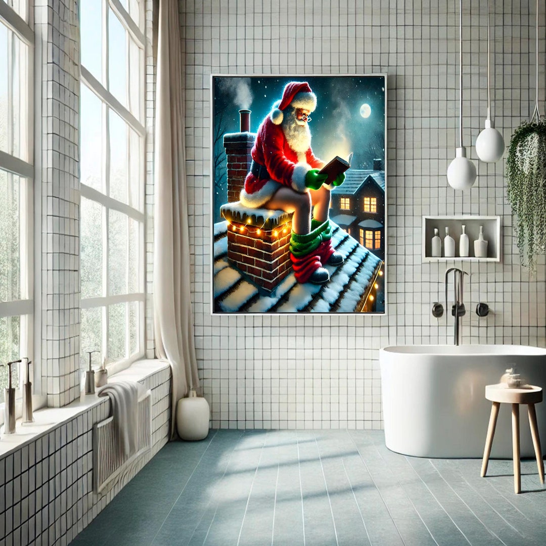 Santa on Toilet, Christmas Bathroom Art, Funny Bathroom Wall Decor ...