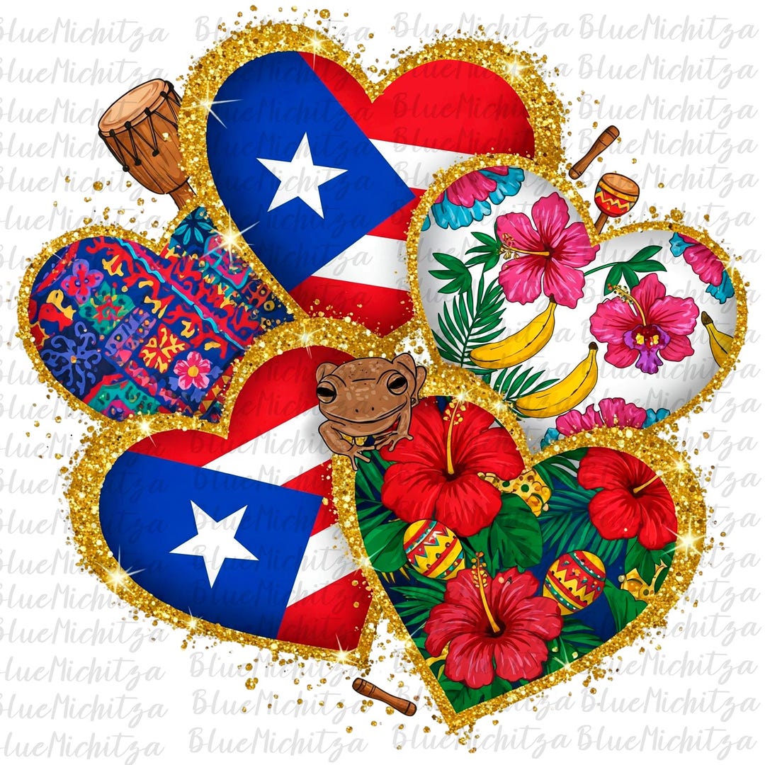 Puerto Rico Gold Glitter Hearts Png Sublimation Design Download Popular ...