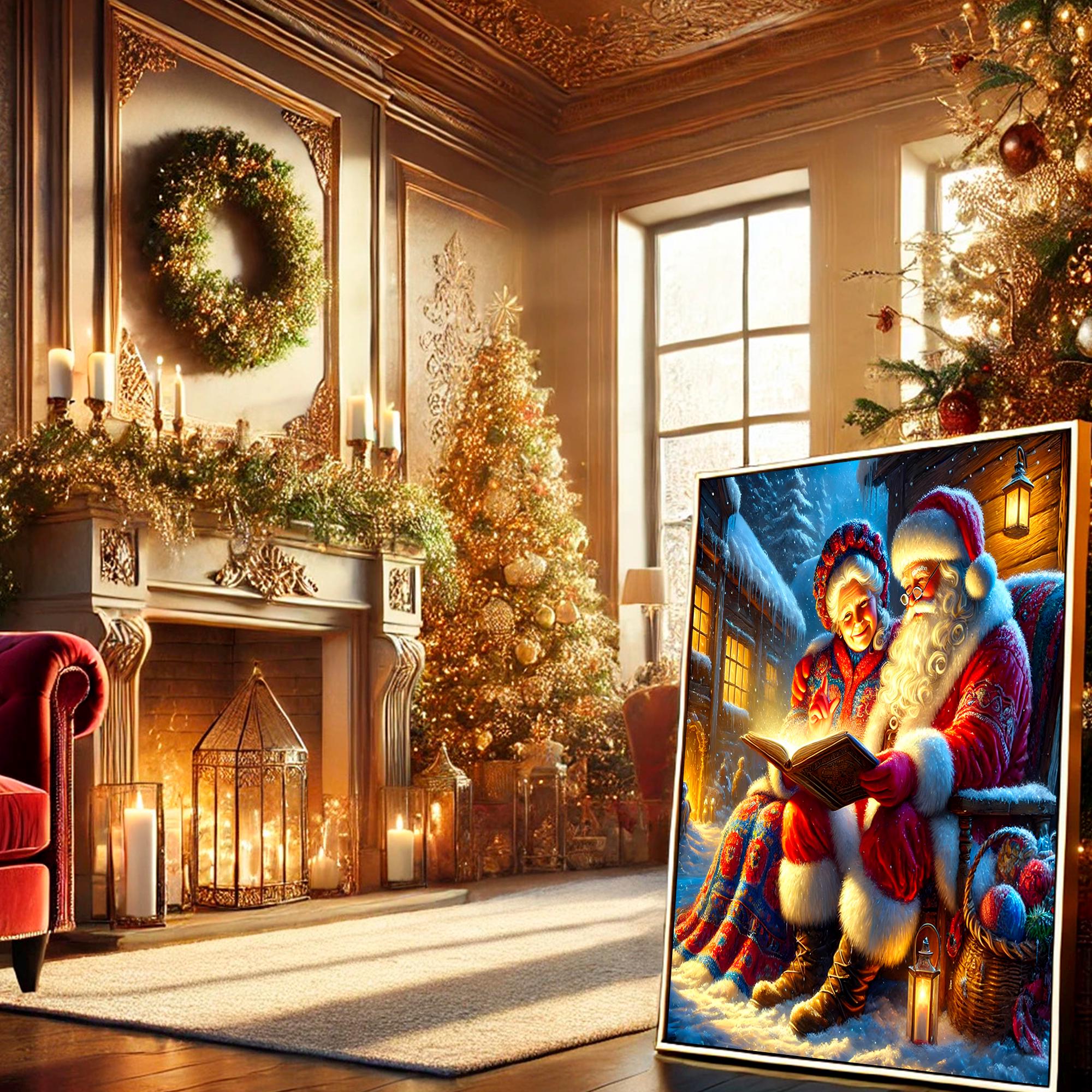 Santa and Mrs. Claus Reading Book Art, Santa and Mrs. Claus Printable ...
