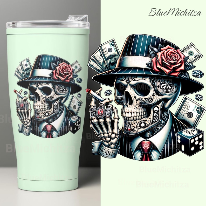 Gangster Skull and Gambling-themed PNG, Vintage Noir Style With Roses ...