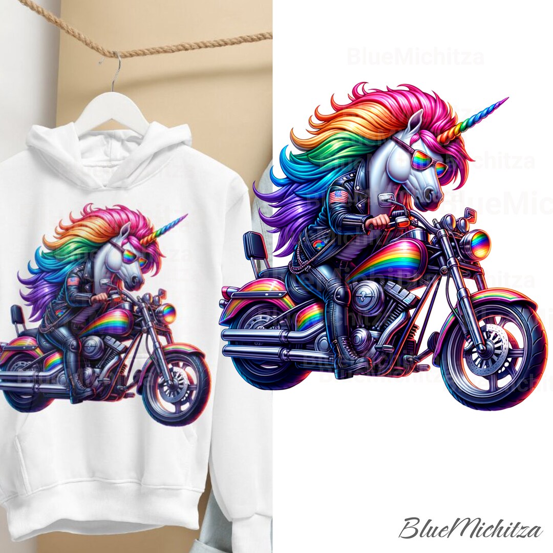 Unicorn Biker, PNG for Sublimation, DTG, for T-shirts, Mugs, for Transfer, Motorcycle, Rainbow ...