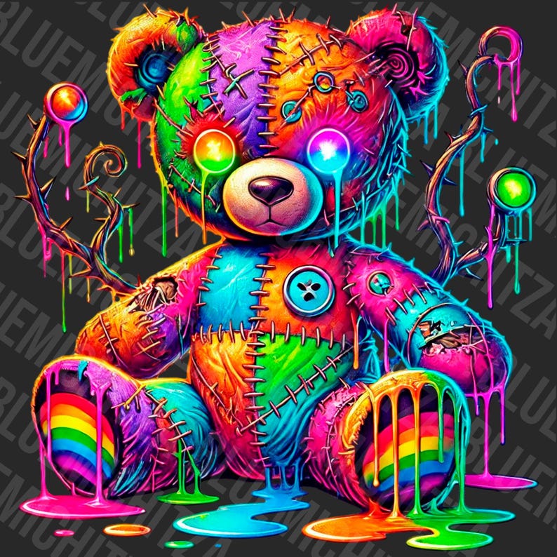 Vibrant Neon Teddy Bear PNG for Sublimation, Tattered Bear Png for ...