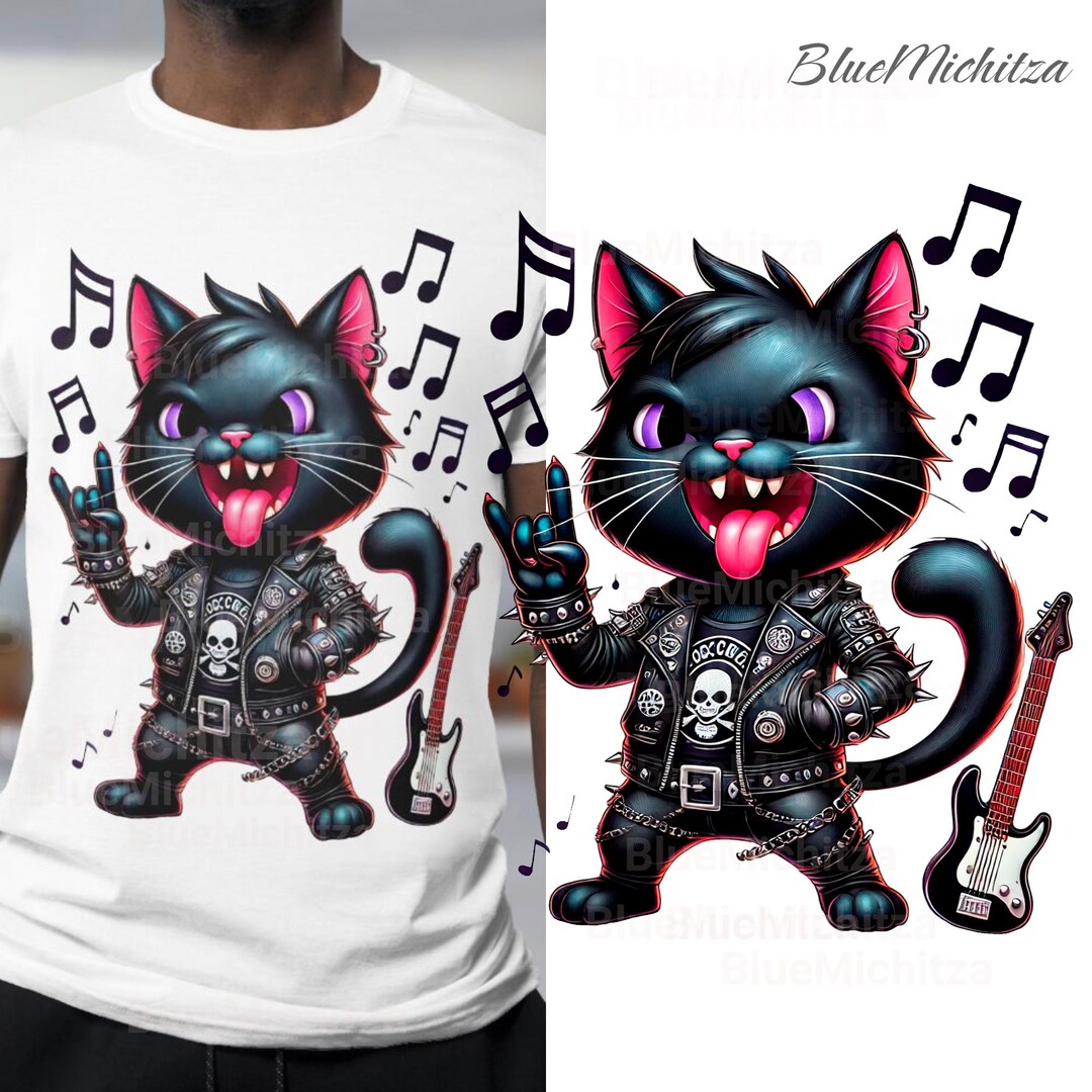 Electric Guitar Black Cat PNG Animated Punk Rock Cat, Black Jacket ...