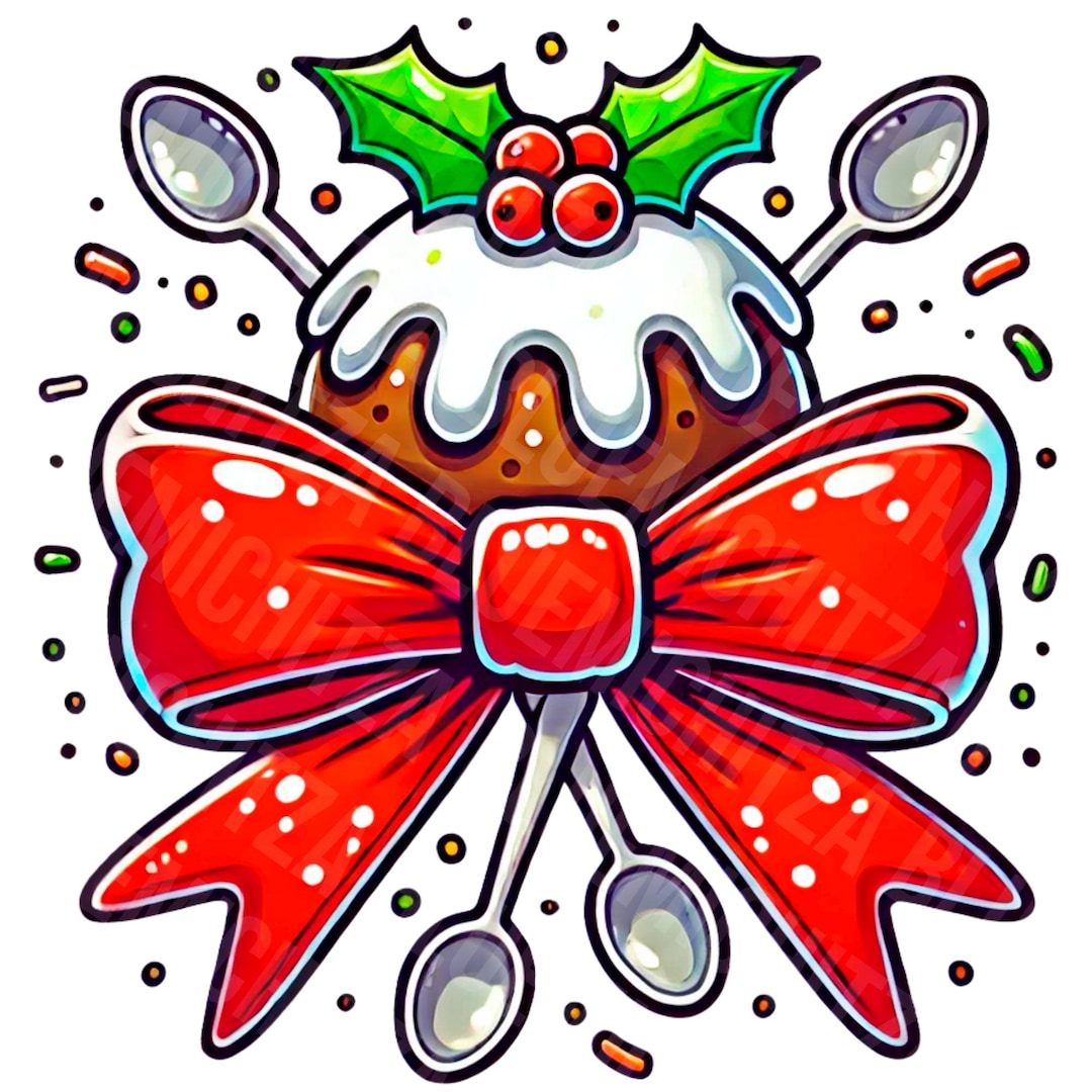 Christmas Pudding Clipart With Festive Red Bow and Holly Berries PNG ...