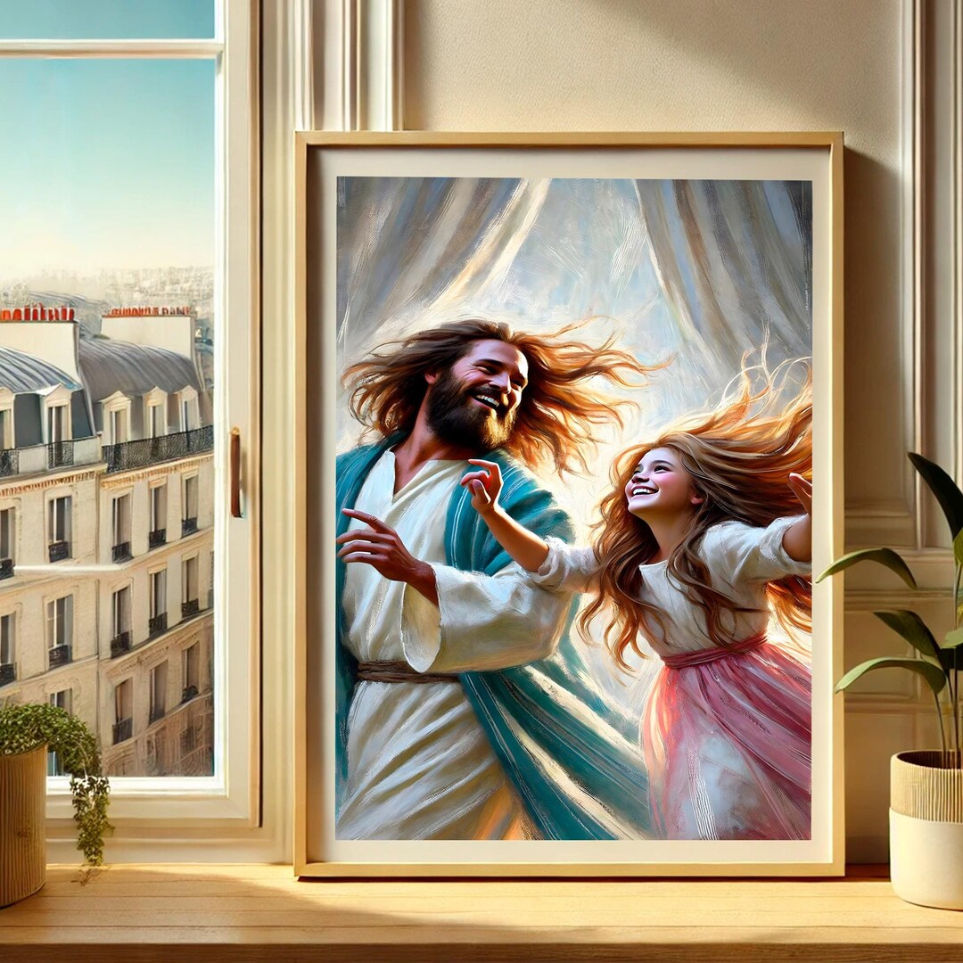 Jesus Christ and Kid Dancing Art, Jesus With Girl Playing, Christian ...