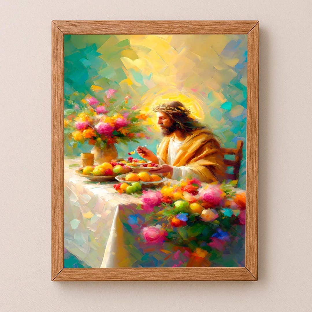 Jesus Dining With Flowers Art, Christ Floral Crown Paint Jesus at Table ...