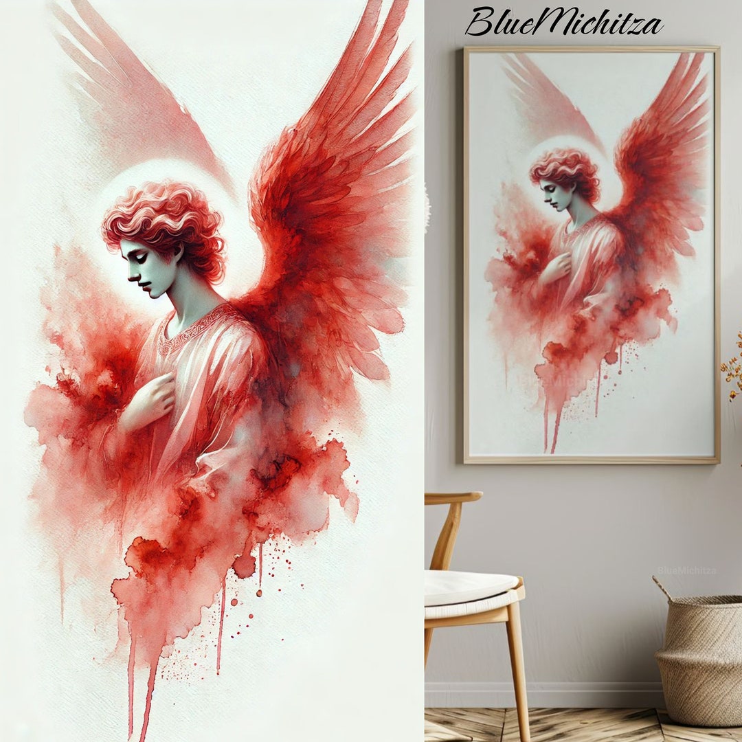 Archangel Uriel Wall Art, Art Print: Inspirational Red Winged Angel for ...