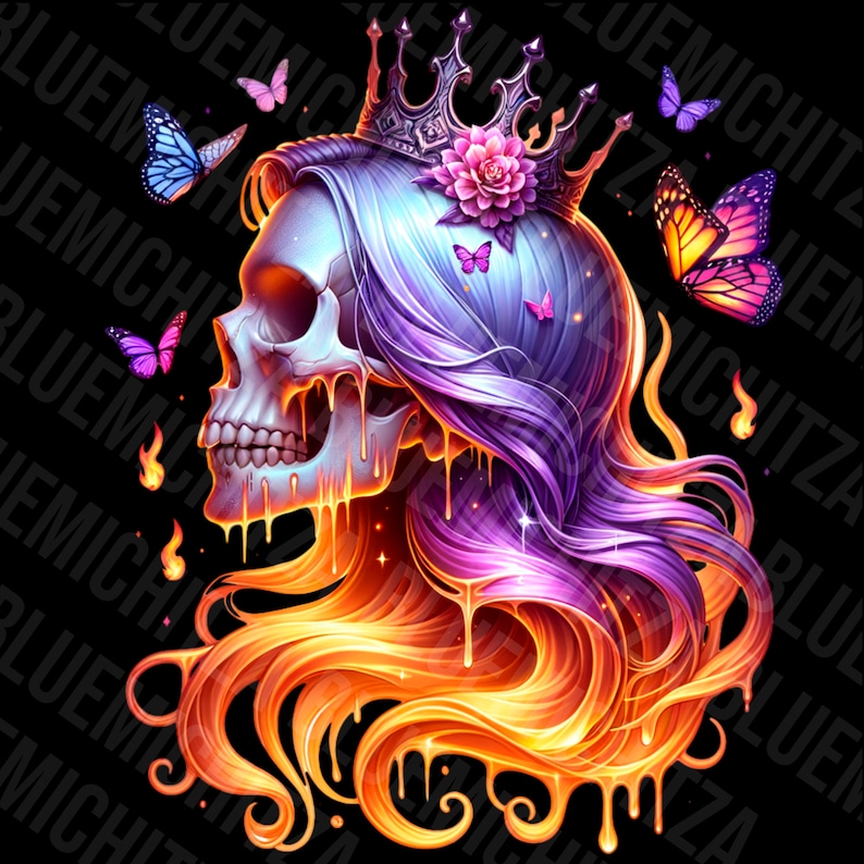 Melting, Dripping Skull PNG, With Crown and Butterfly, Fire Style, Rock ...