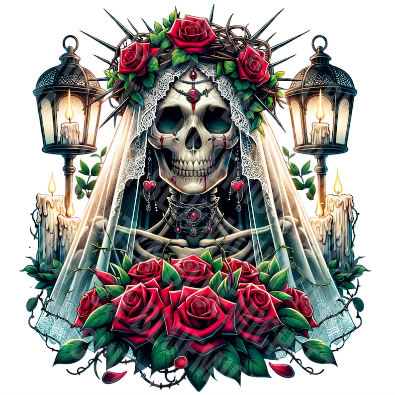Gothic Skeleton Bride With Floral Crown Candlelight PNG for Sublimation ...