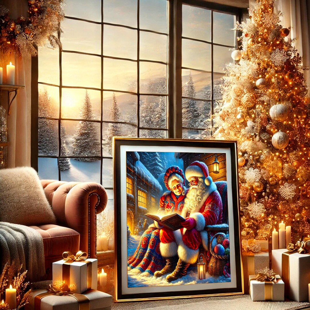 Santa and Mrs. Claus Reading Book Art, Santa and Mrs. Claus Printable ...