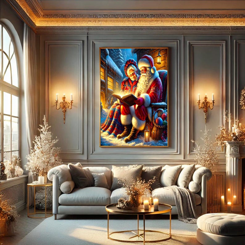 Santa and Mrs. Claus Reading Book Art, Santa and Mrs. Claus Printable ...