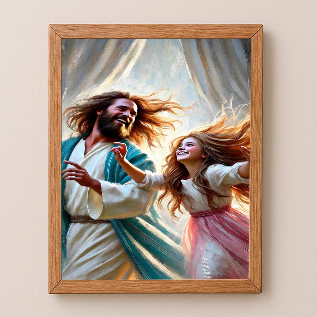 Jesus Christ and Kid Dancing Art, Jesus With Girl Playing, Christian ...