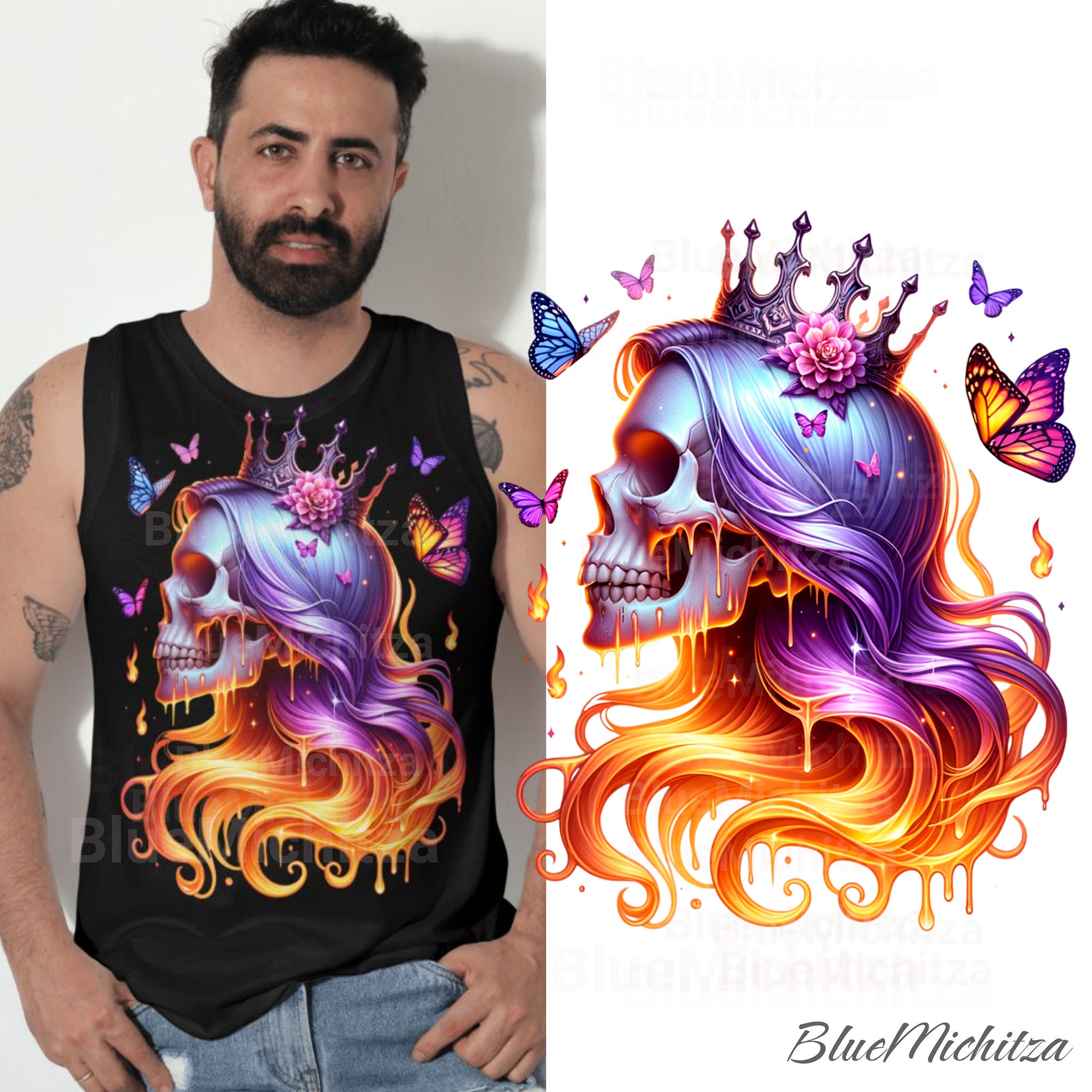 Melting, Dripping Skull PNG, With Crown and Butterfly, Fire Style, Rock ...