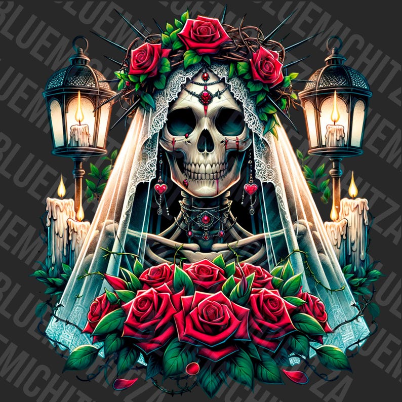 Gothic Skeleton Bride With Floral Crown Candlelight PNG for Sublimation ...