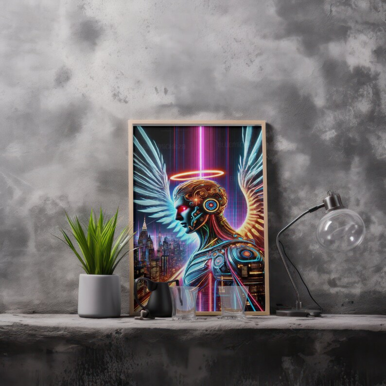 Archangel Gabriel Wall Art in Neon Splendor: A Stunning Cyberpunk ...
