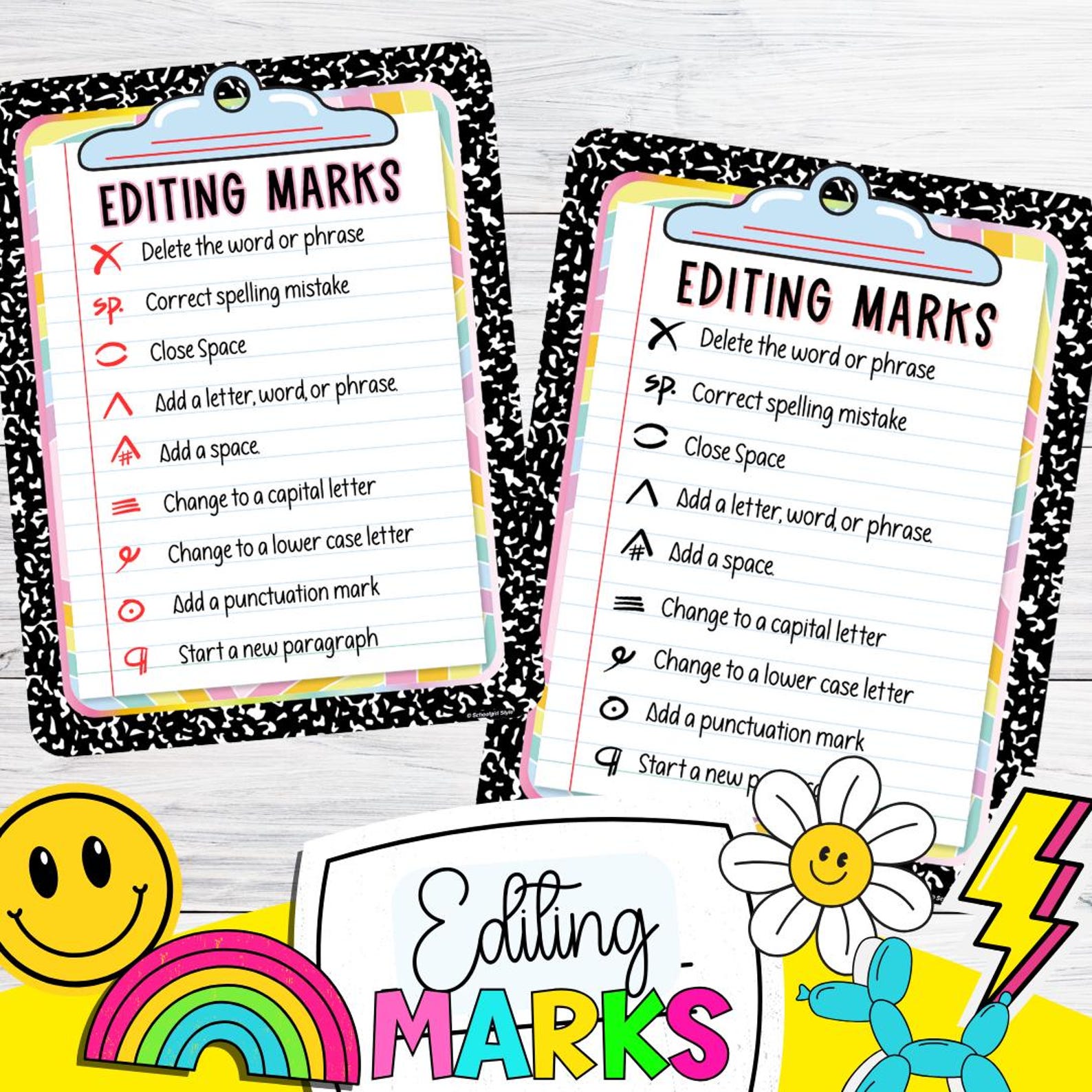 Editing Marks Posters | Composition Notebook & Rainbow Theme - Etsy