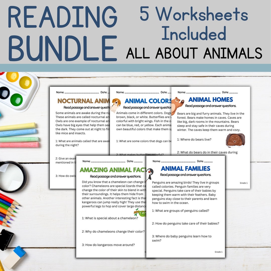 1st Grade Animal Reading Comprehension Worksheet Bundle, 5 Worksheets W ...