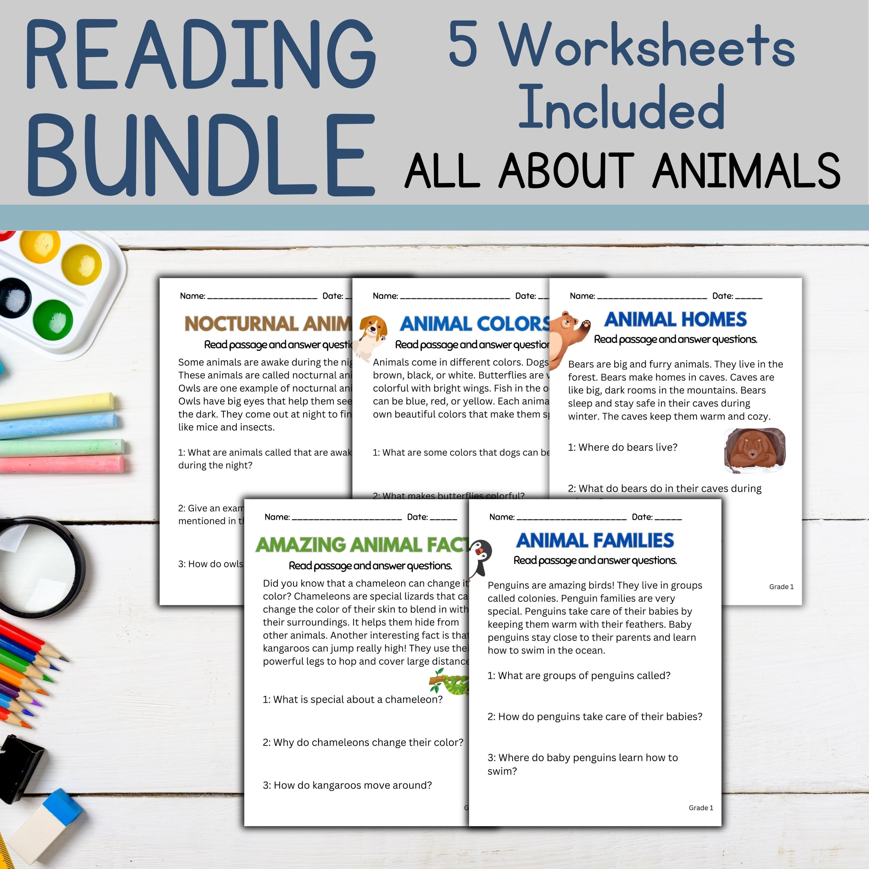 1st Grade Animal Reading Comprehension Worksheet Bundle, 5 Worksheets W ...
