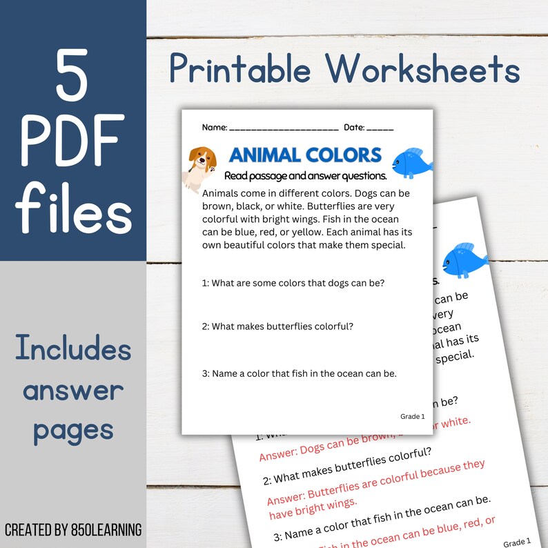 1st Grade Animal Reading Comprehension Worksheet Bundle, 5 Worksheets W ...