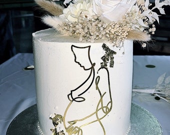 Line Art Pregnat Lady Mirror Card Cake Charm, Abstract Line Art Baby Shower Cake Charm Cake ...