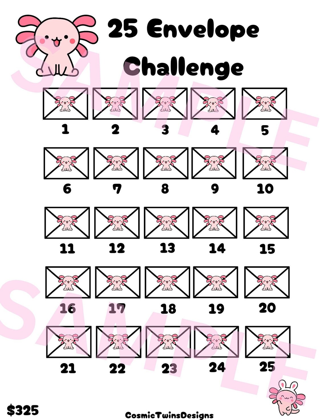 Axolotl 25 Envelope Savings Challenge Printable - Etsy