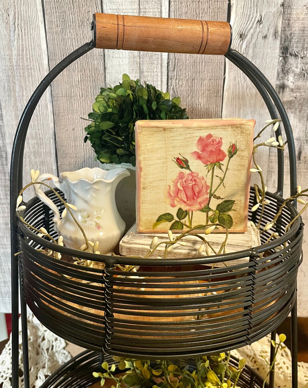 Summer Cottage Rose Tiered Tray Canvas, Table Top Decor, Vintage Style ...