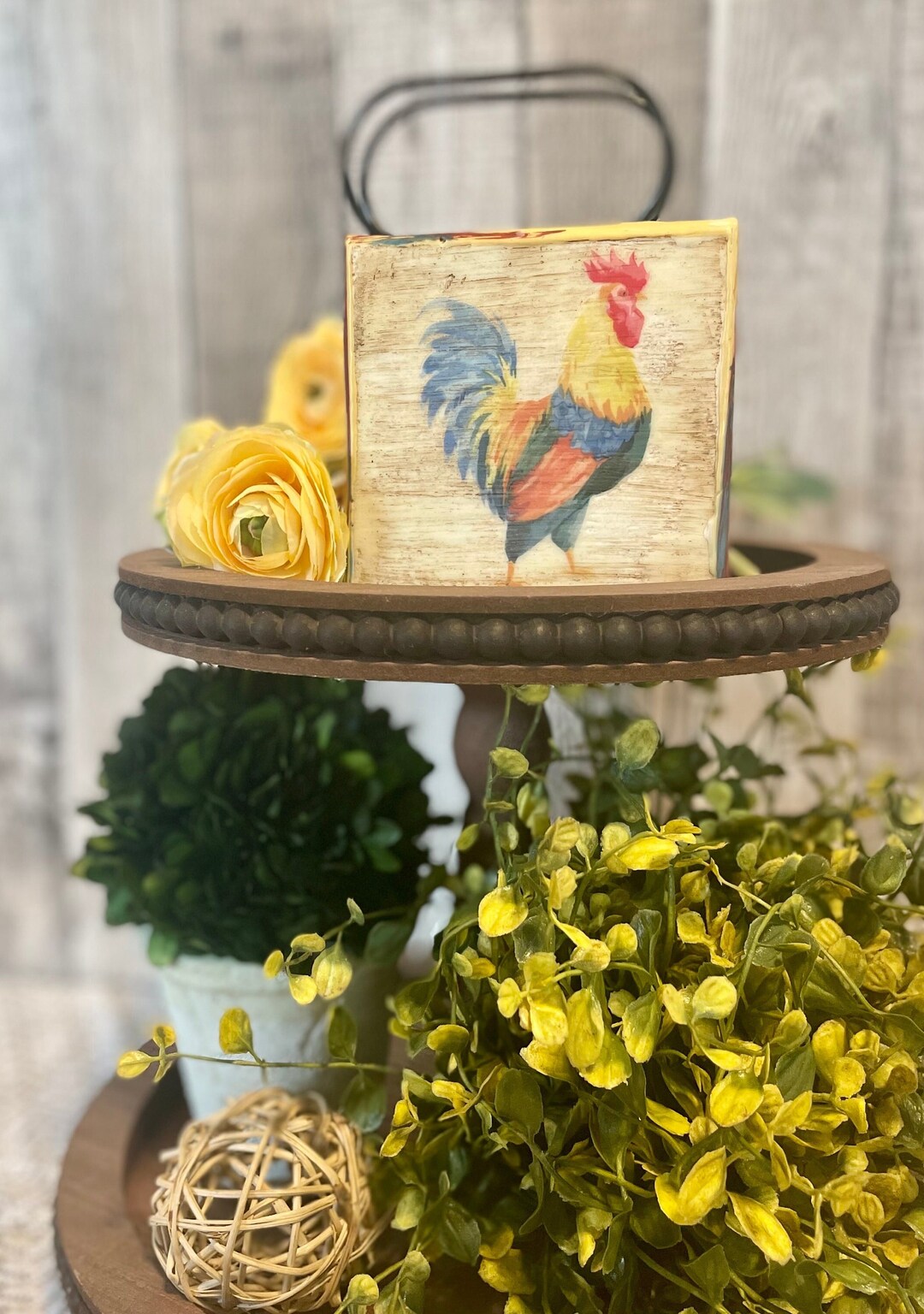 Vintage Rooster Farm Tier Tray, Colorful Rustic Cottage Kitchen Tray ...