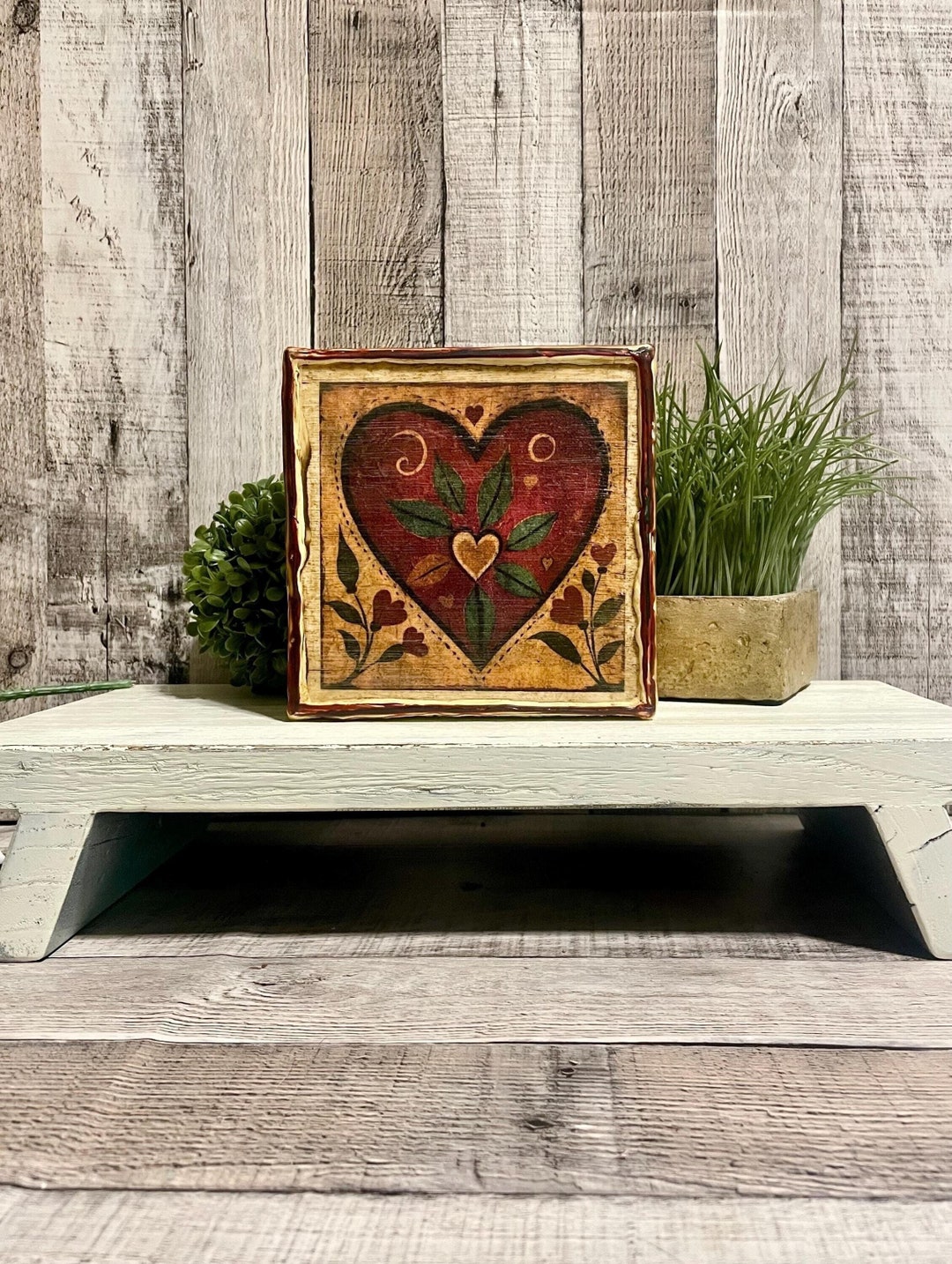 Primitive Folk Art Heart Canvas, Rustic Valentine Day Home Decore, Love ...