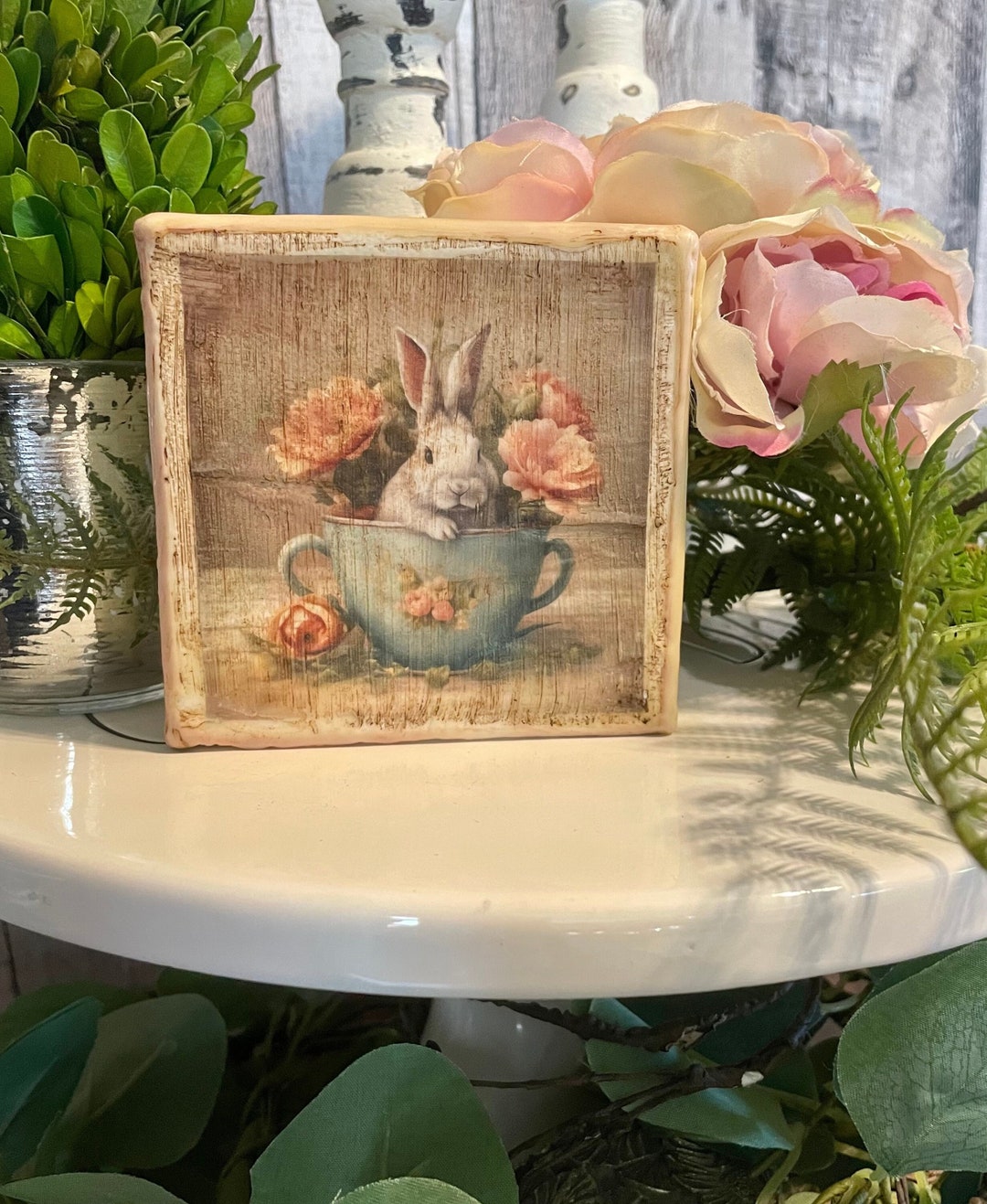 Vintage Easter Decor, Spring Tiered Tray Decorations,cottage Bunny Home ...
