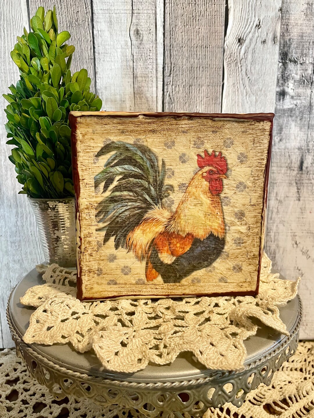Rustic Vintage Country Rooster Kitchen Tray Decor, Colorful Farm Folk ...