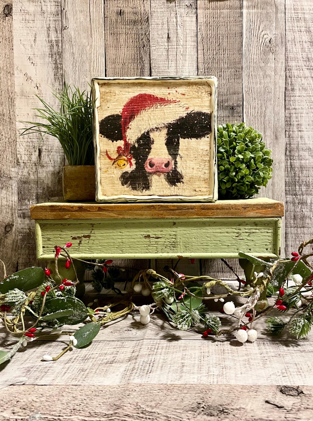 Farmhouse Jingle Cow Christmas Farm Canvas, Winter Home Decor, Cow ...