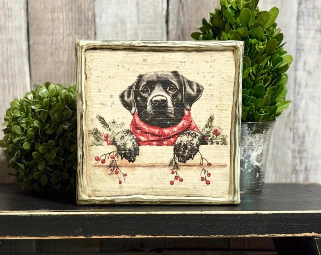 Christmas Black Lab Tabletop Rustic Holiday Dog Decor With Red Scarf ...