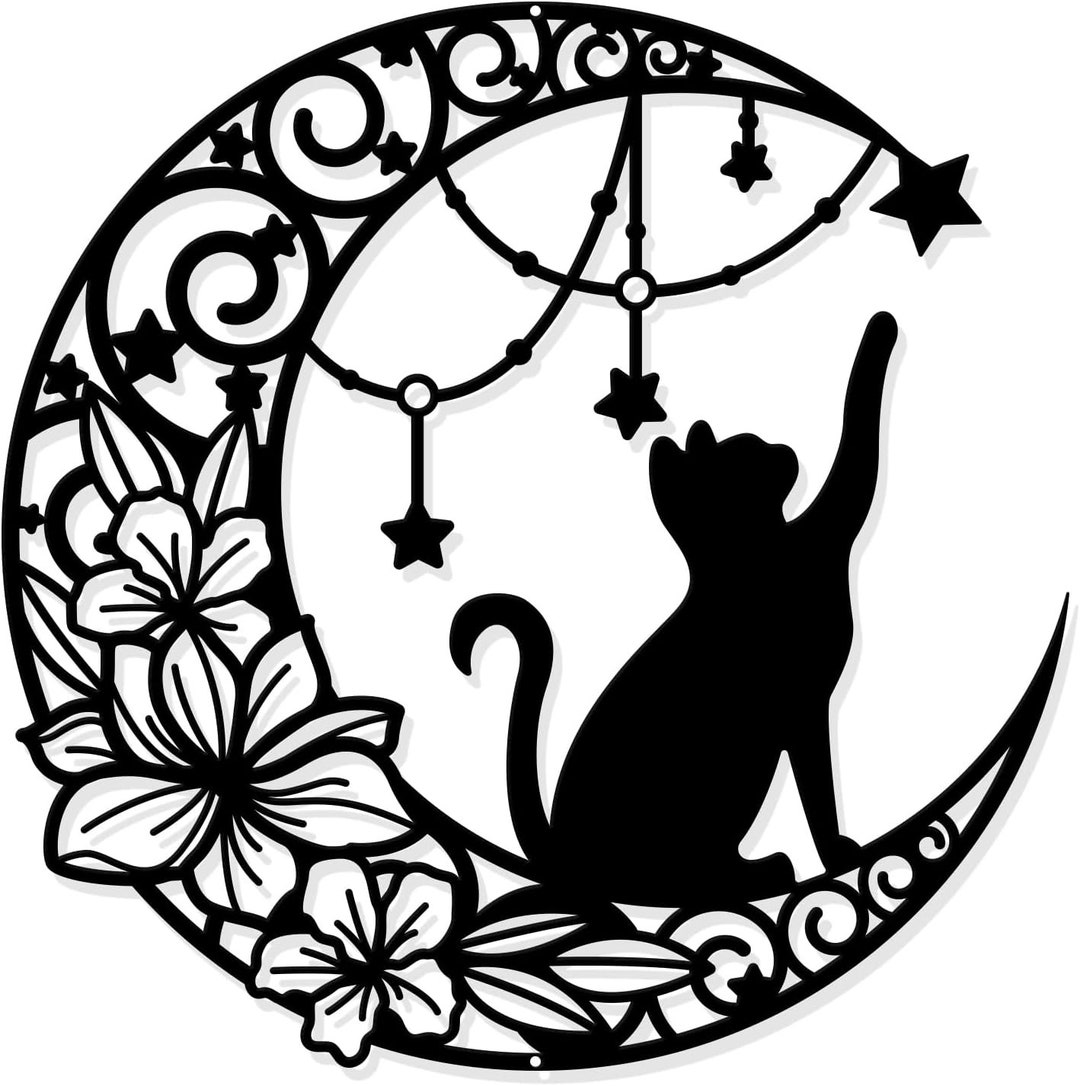 Metal Moon Cat Wall Art Iron Art Black Cat and Moon Wall Metal ...