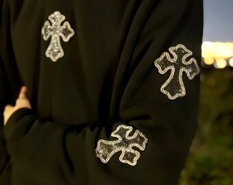 Cyber Cross Y2K Gothic Rhinestone Hoodie Vol.2 Navy Blue - Etsy