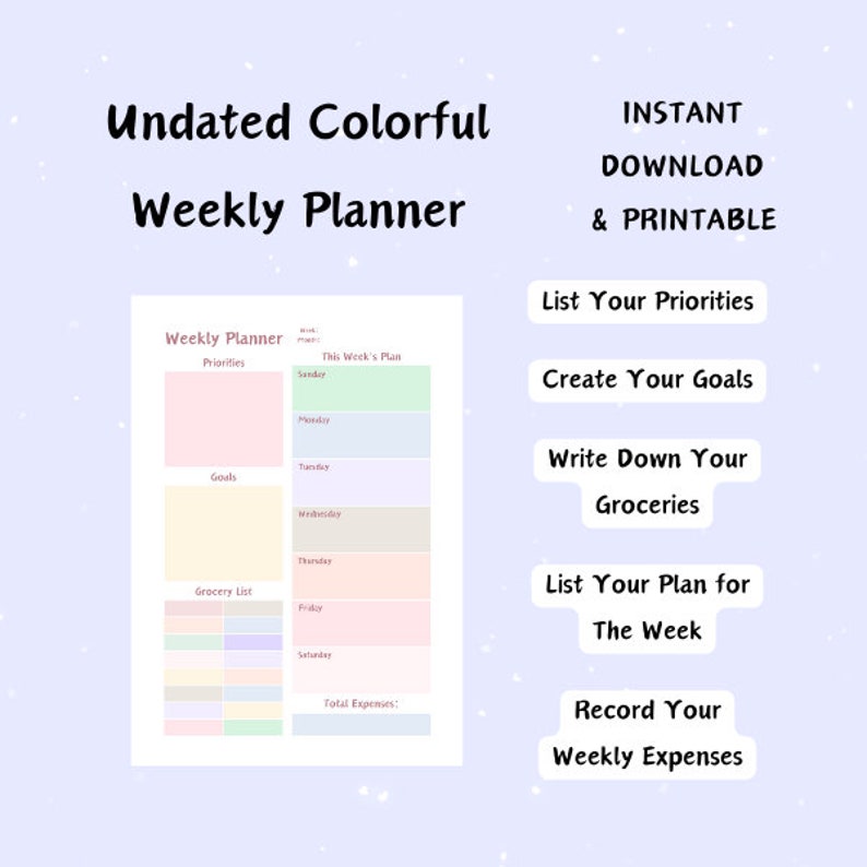 Undated Colorful Printable Daily, Weekly, Monthly Planner With Meal ...