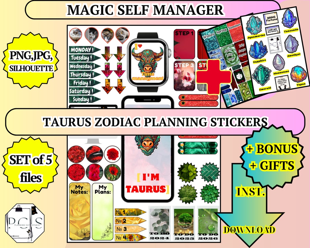 ZODIAC Stickers Bundle, TAURUS PLANNER Stickers, Bring Fortune Png ...