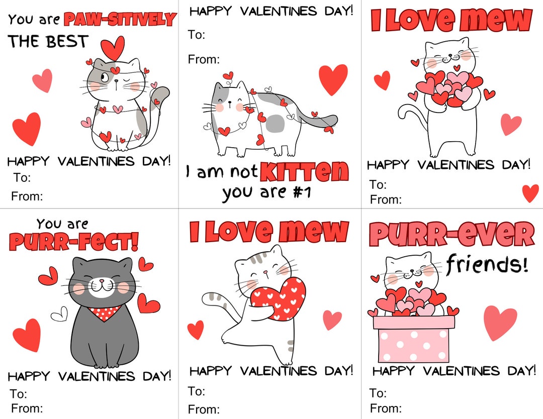 Cute Cat Themed Print at Home Valentine Cards - Etsy