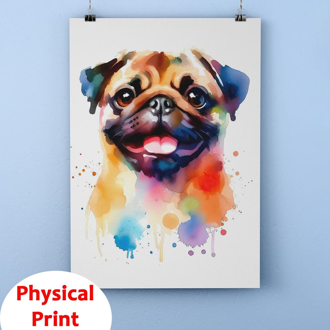Jolly Pug Watercolor Physical Print, Unique Dog Drawing, Elegant Pooch ...