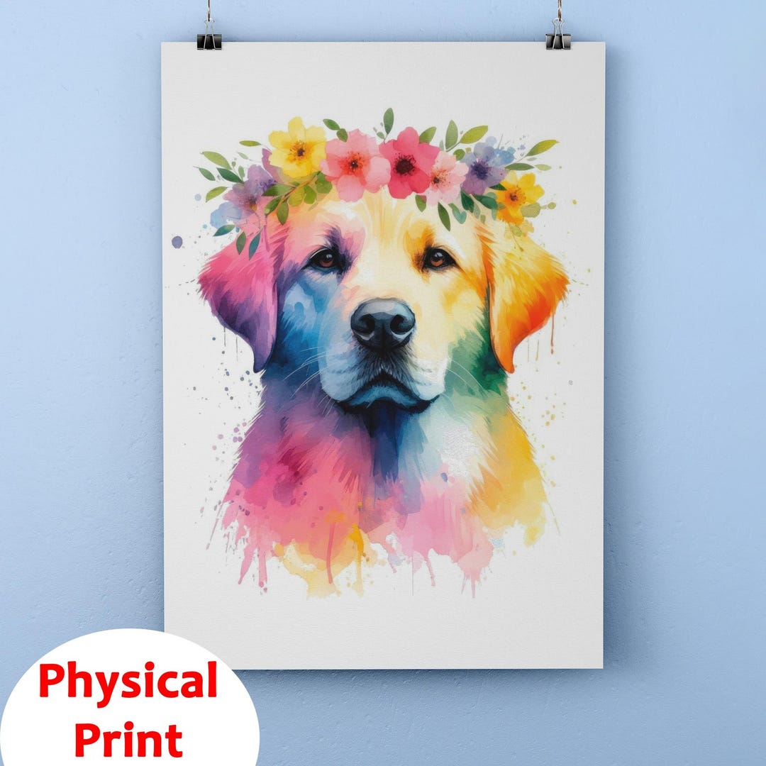 Labrador Retriever With Flower Crown Watercolor Painting Print, Stylish ...