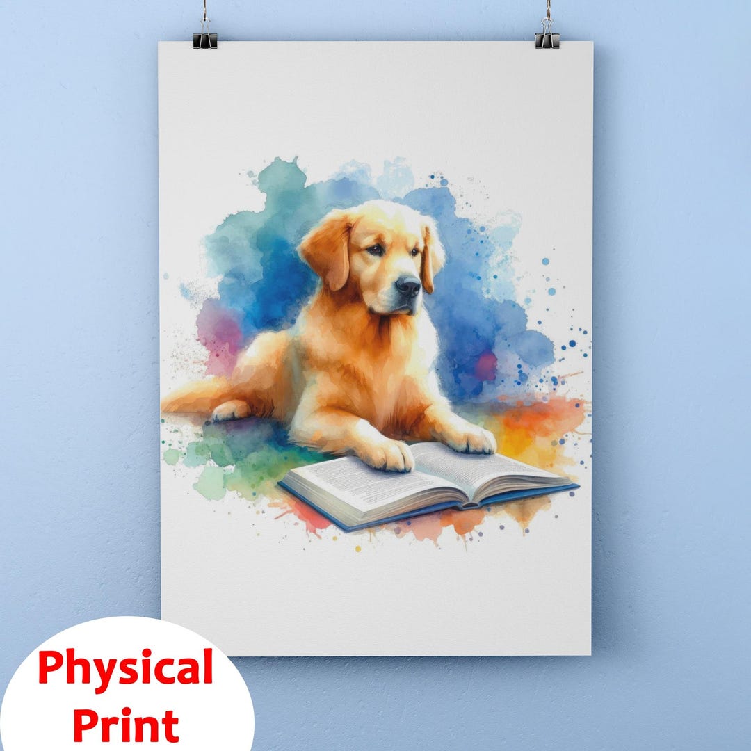 Golden Retriever Reading a Book Watercolor Art Print, Best Dog Drawing ...