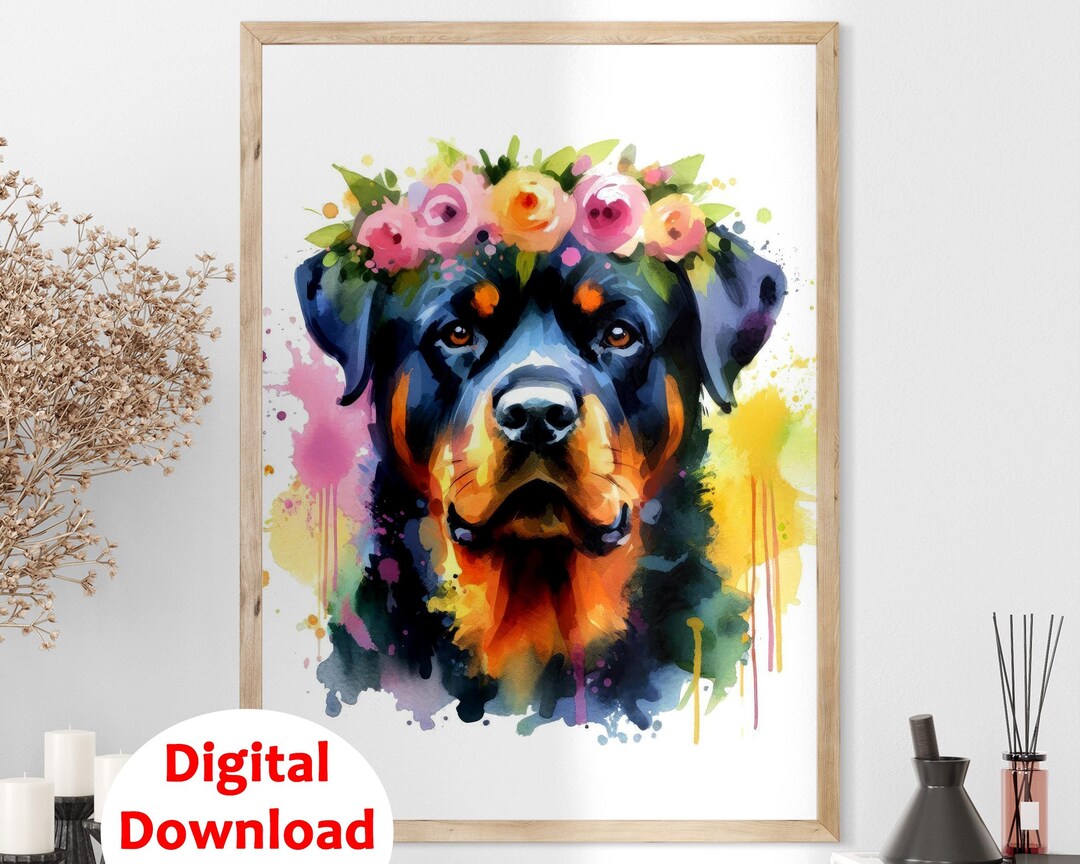 Rottweiler With Midsummer Crown Watercolor Digital Download, Fabulous ...