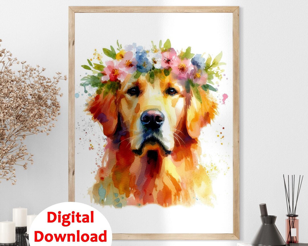 Golden Retriever With Midsummer Crown Watercolor Digital Download ...