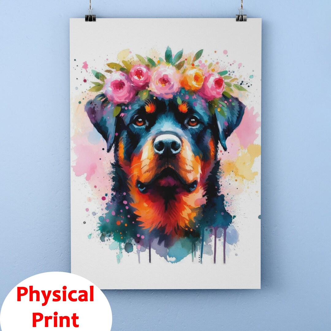 Rottweiler With Flower Crown Watercolor Print, Stylish Dog Portrait ...