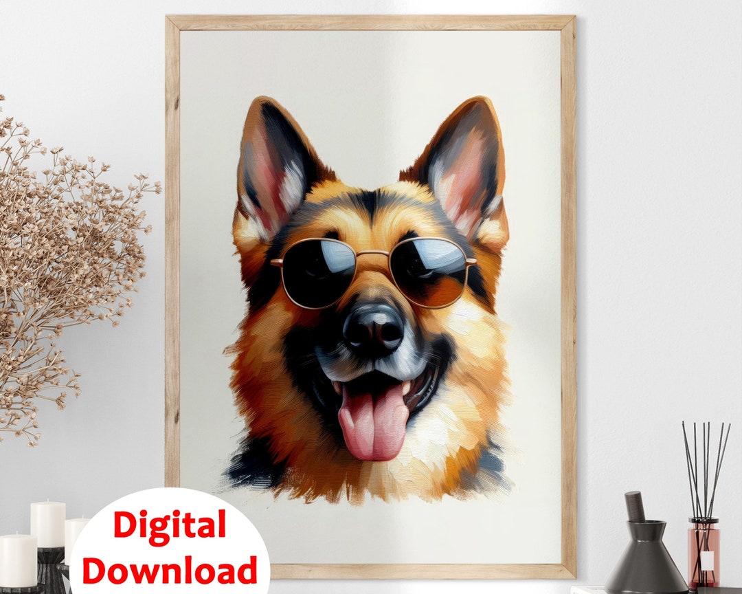Laughing German Shepherd Wearing Goggles Art Print, German Shepherd ...
